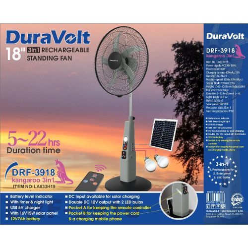 Duravolt 18inches -3 In 1 Rechargeable Fan +Solar Panel + 2-Bulbs ...